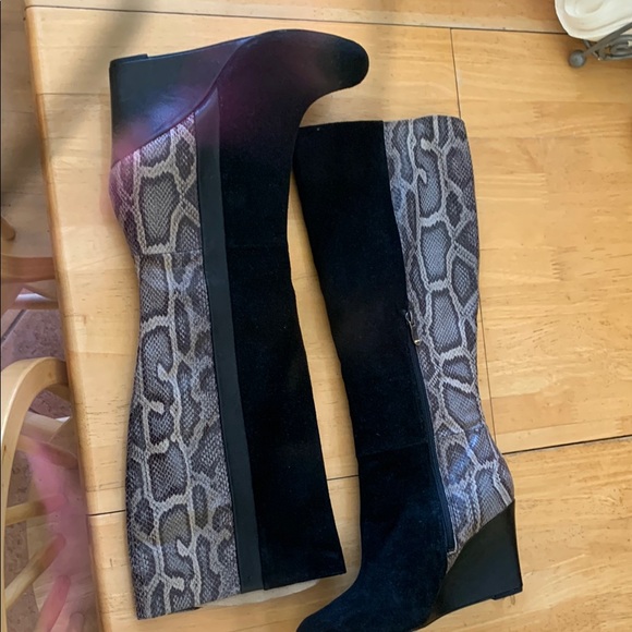 LOFT | Shoes | Loft Black Suede And Snake Print Womens Wedge Boots New ...